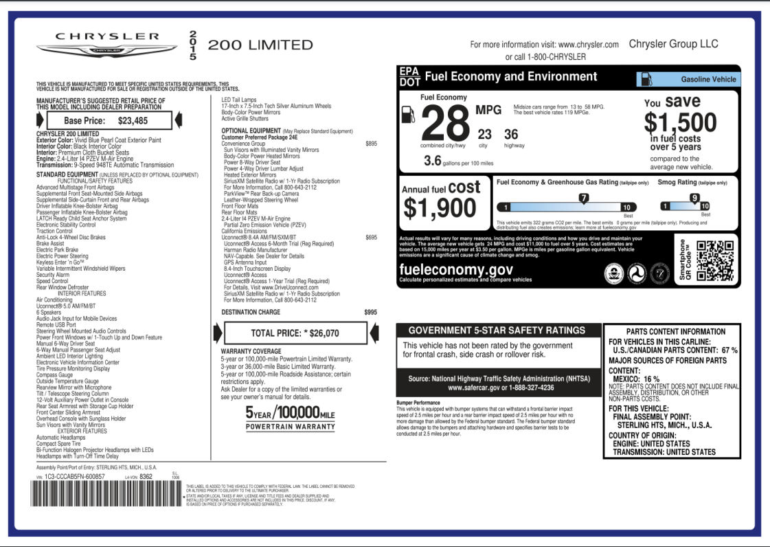 Etiqueta Window Sticker Chrysler por VIN | ConsultaDeVIN