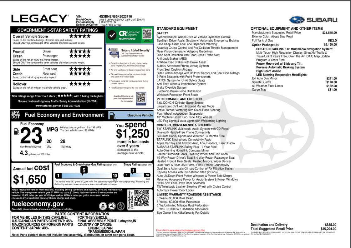 Etiqueta Window Sticker Subaru por VIN | Consulta de VIN