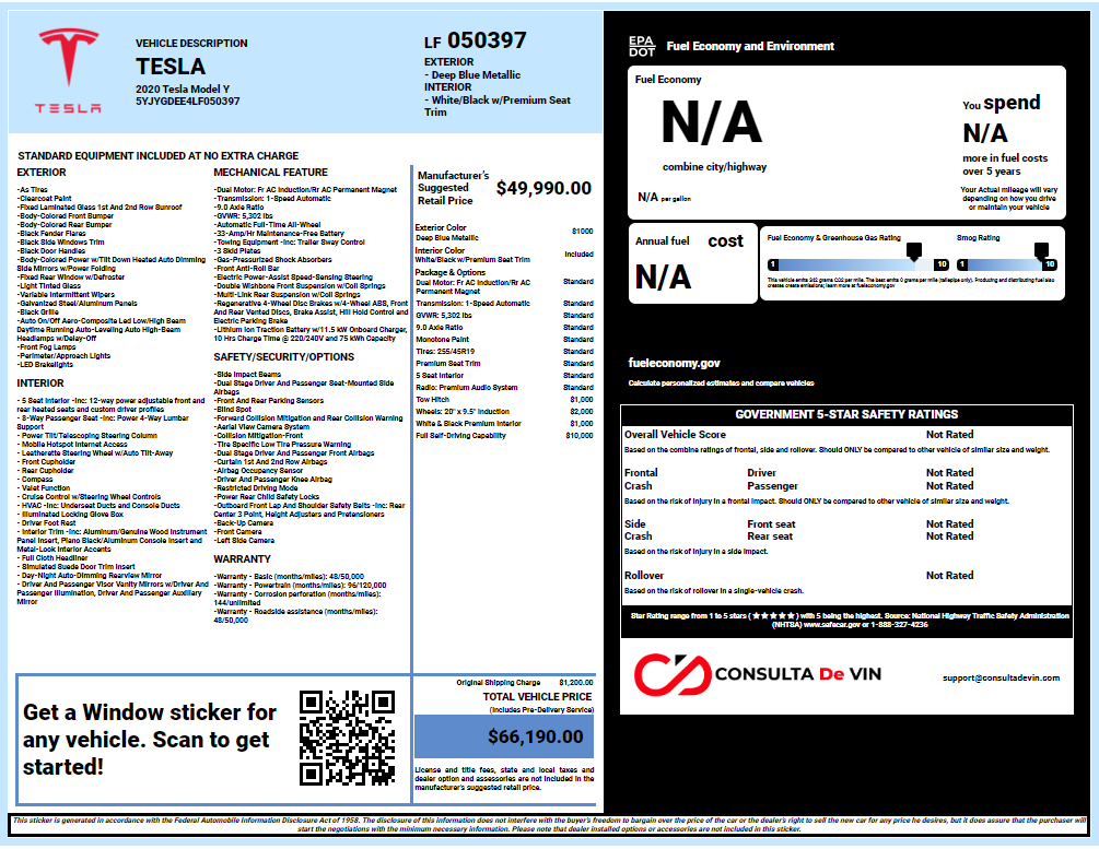 Etiqueta Window Sticker Tesla por VIN | Consulta de VIN